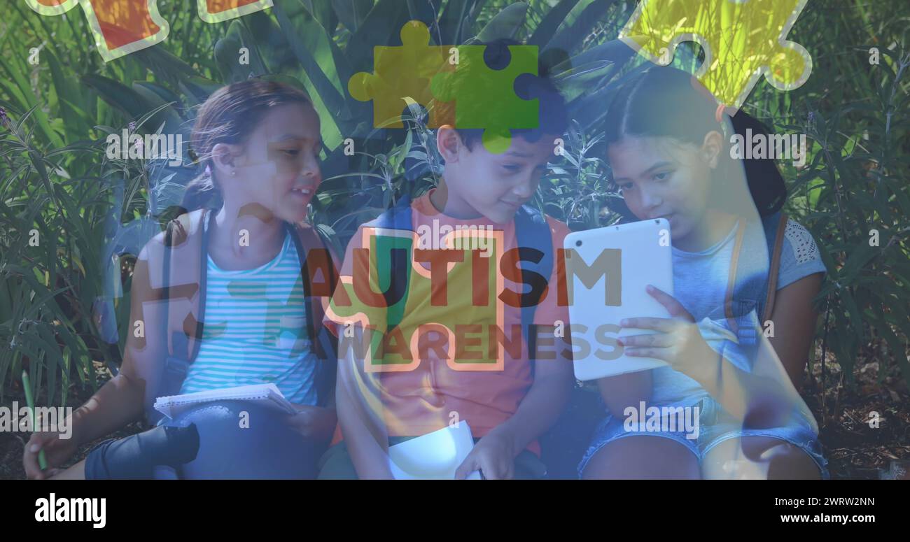 Image of colourful puzzle pieces and autism text over kids friends ...