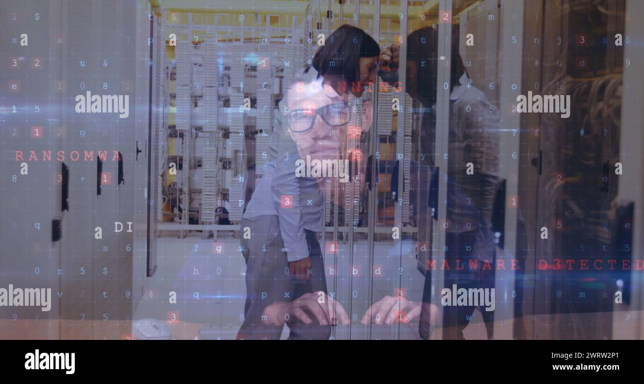 Image of cyber attack warning over diverse people in server room Stock ...