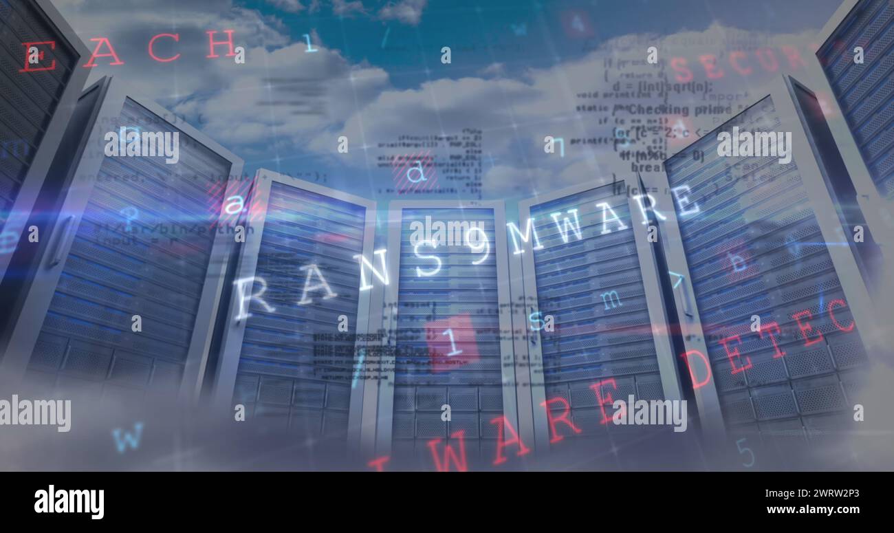 Image of cyber attack warning and data processing over server room ...