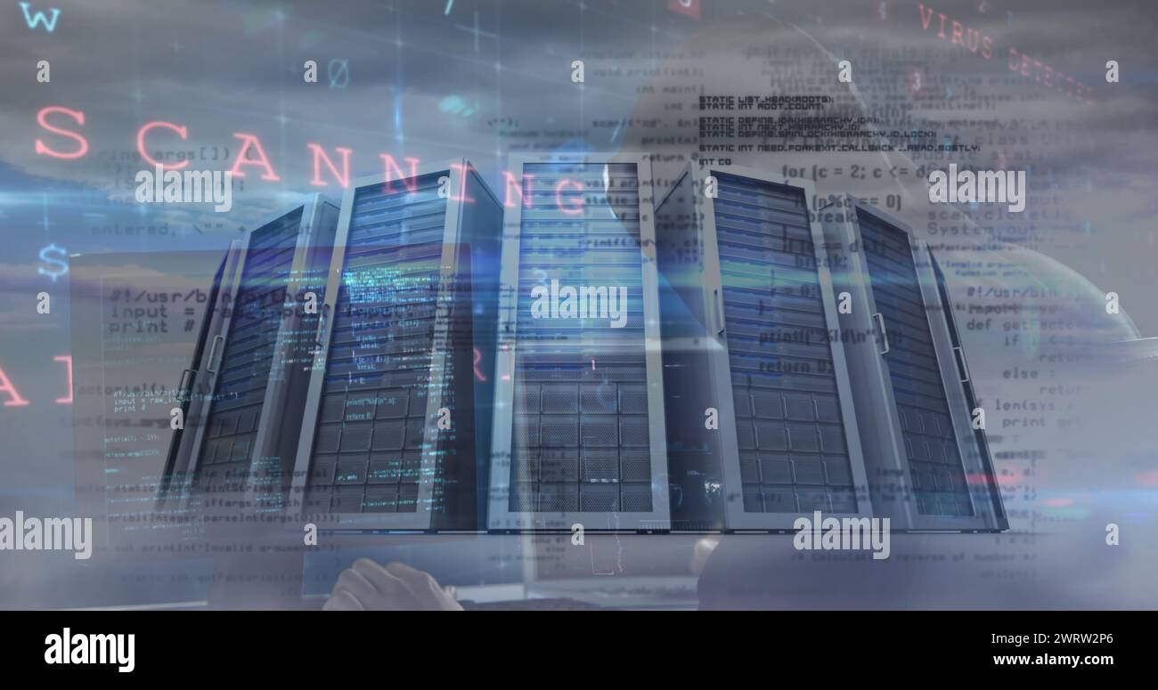 Image of cyber attack warning and data processing over computer servers Stock Photo - Alamy