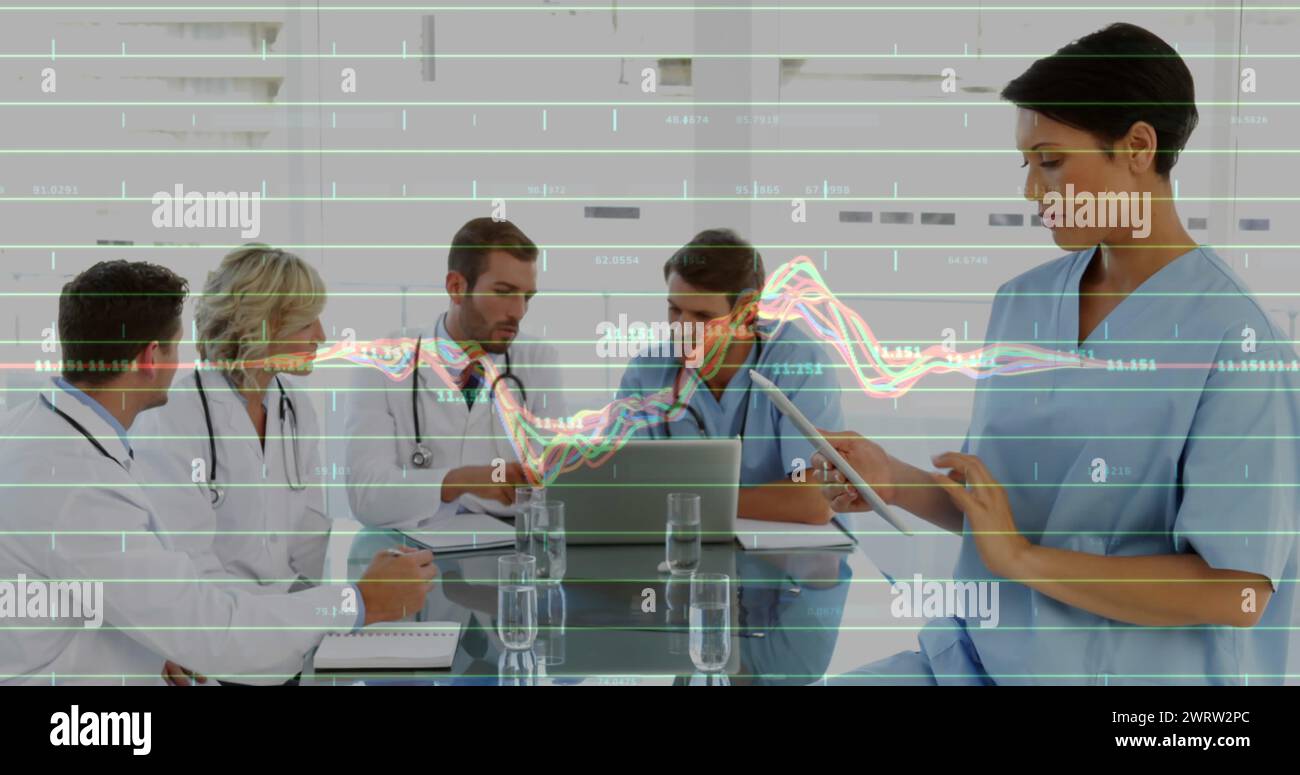 Image of data processing over medical staff. global connections ...