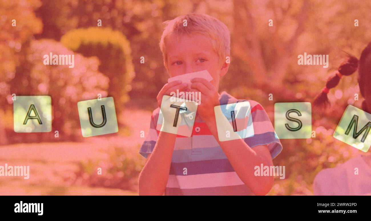 Image of colourful puzzle pieces and autism text over kids friends ...