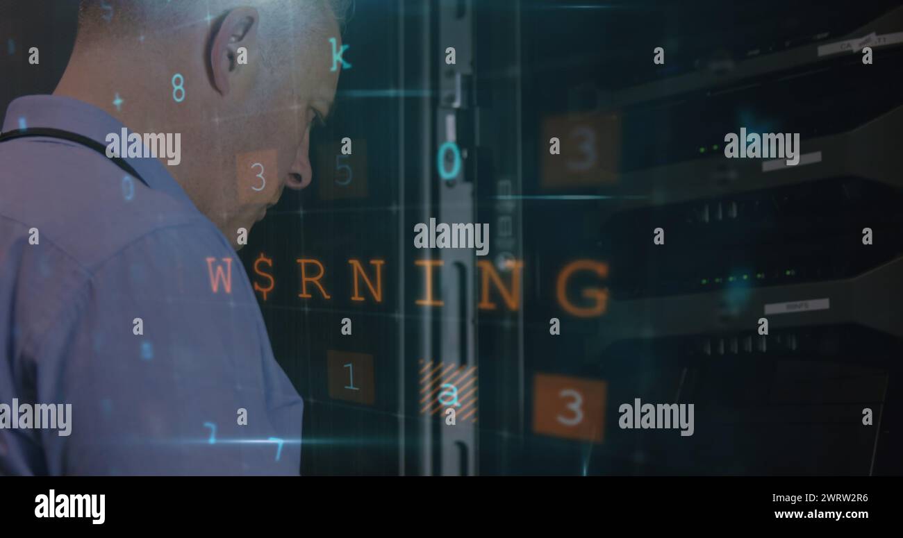 Image of cyber attack warning over caucasian man in server room Stock ...