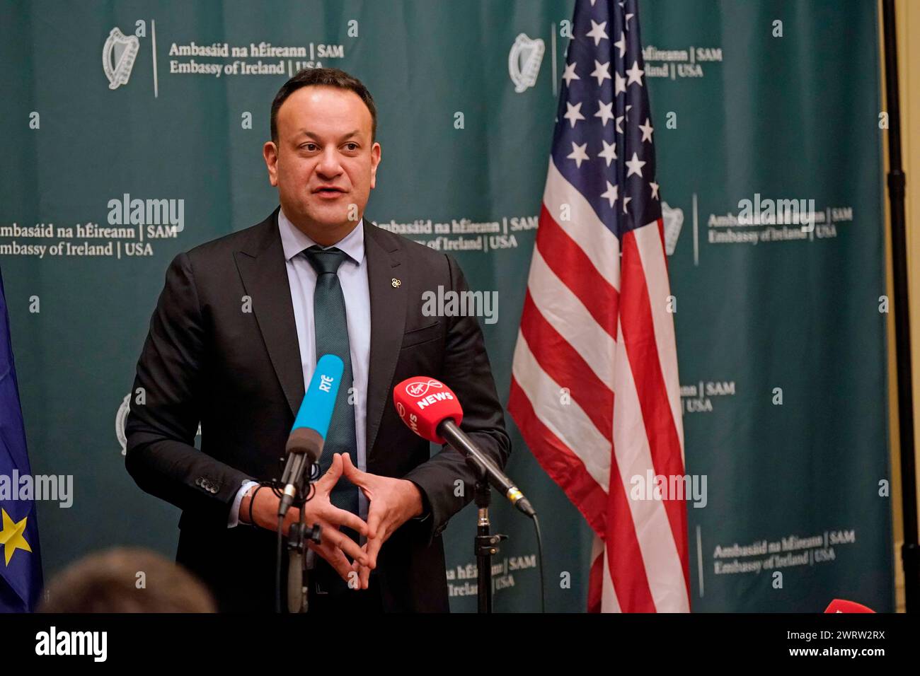 Taoiseach Leo Varadkar speaks to the media during a media doorstep at ...