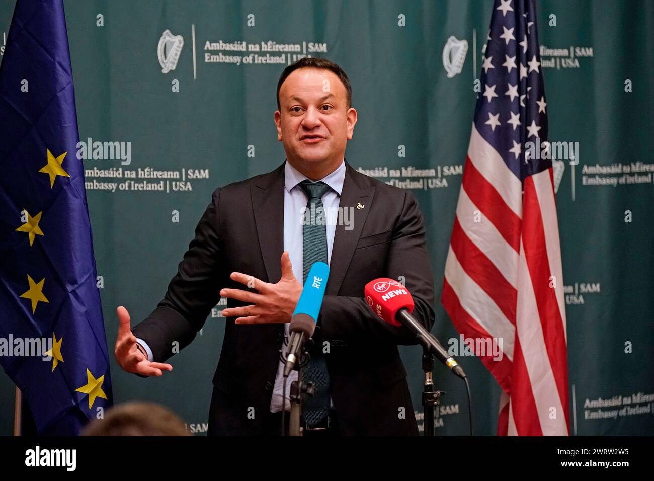 Taoiseach Leo Varadkar speaks to the media during a media doorstep at ...