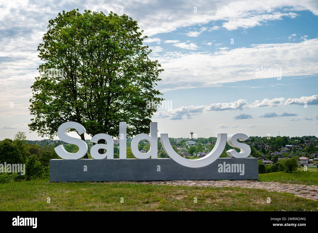 The Sign Saldus in city Saldus, Latvia. Billu Hill, the scenic ...