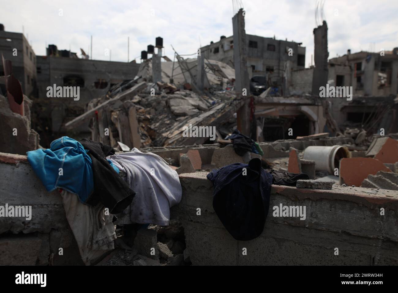 Gaza. 14th Mar, 2024. Debris is seen after the airstrikes at Bureij ...