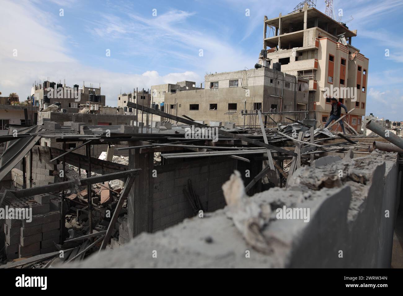 Gaza. 14th Mar, 2024. Debris is seen after the airstrikes at Bureij ...