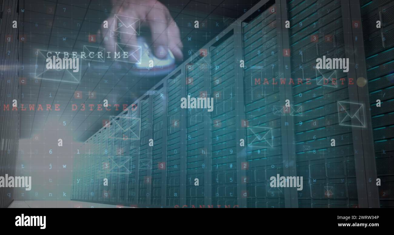 Image of cyberattack and envelope icons over and using computer mouse ...