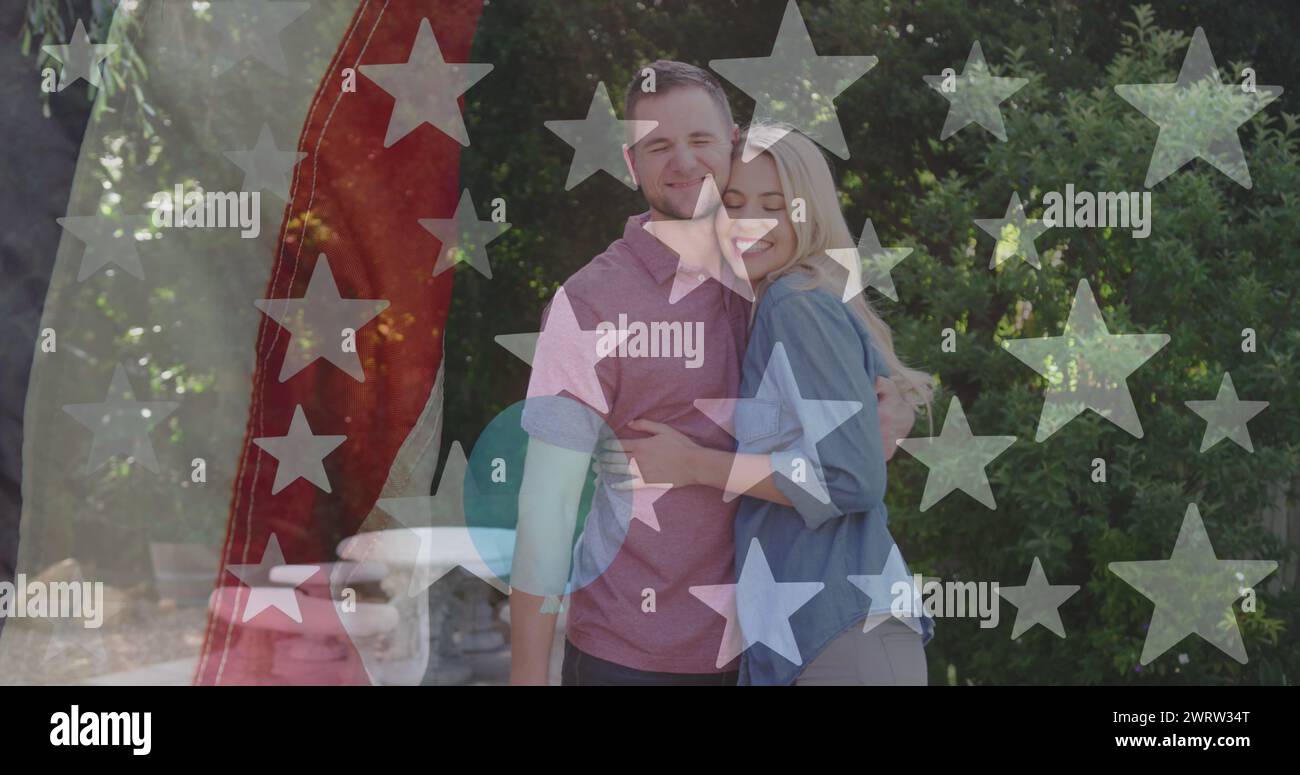 Multiple star icons and balloons floating against caucasian couple ...