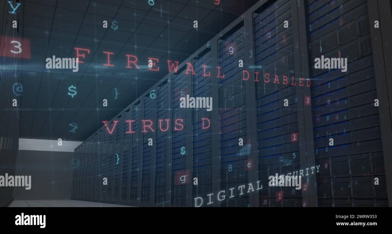 Image of cyber attack warning with letters and numbers over server room Stock Photo - Alamy