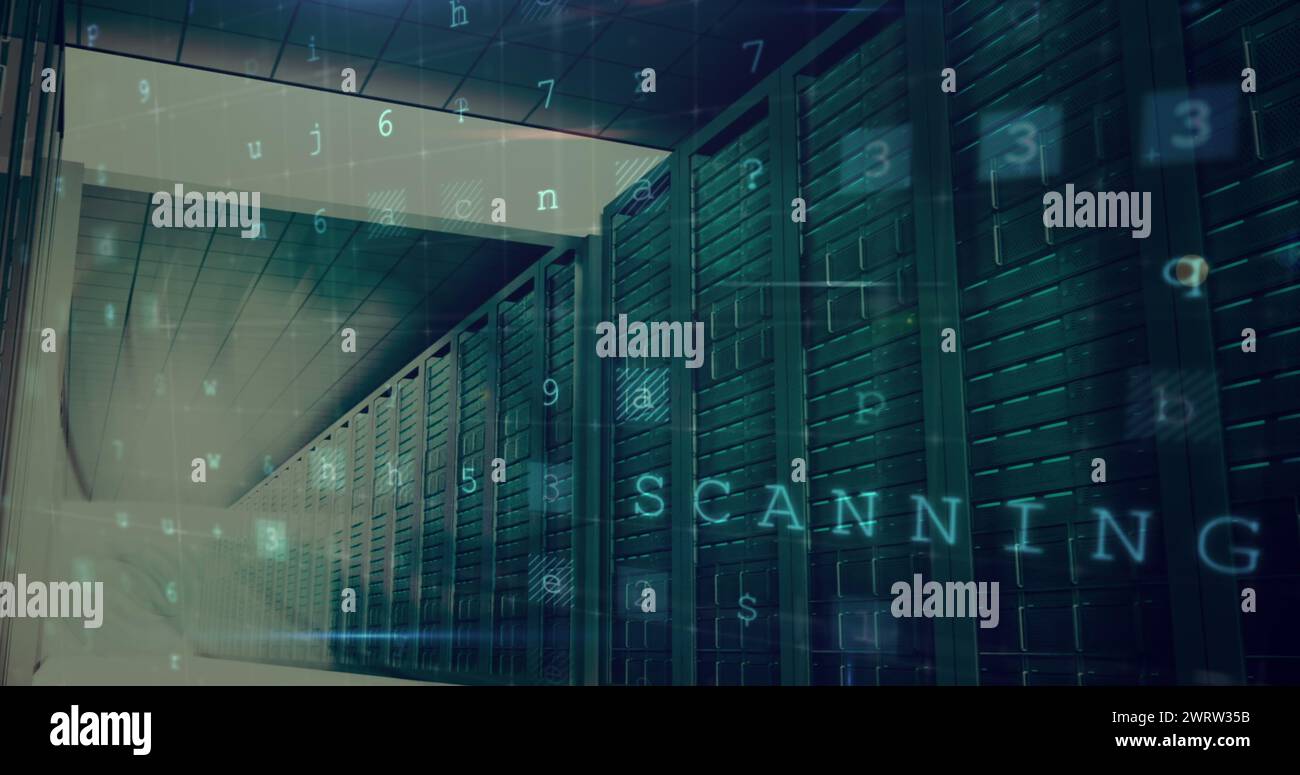 Image of cyber attack warning over server room. global internet security and data processing ...