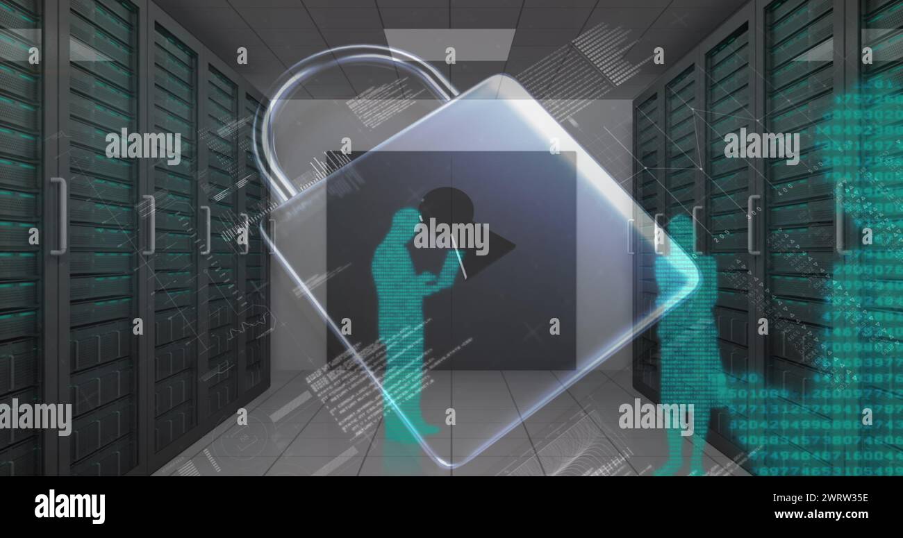 Image of data processing and padlock icon over server room Stock Photo - Alamy