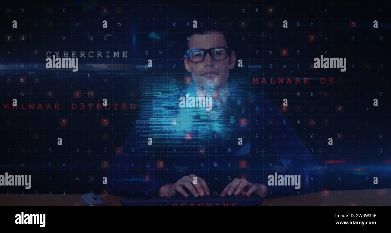 Image of cyber attack warning and data processing over male hacker and computer servers Stock ...