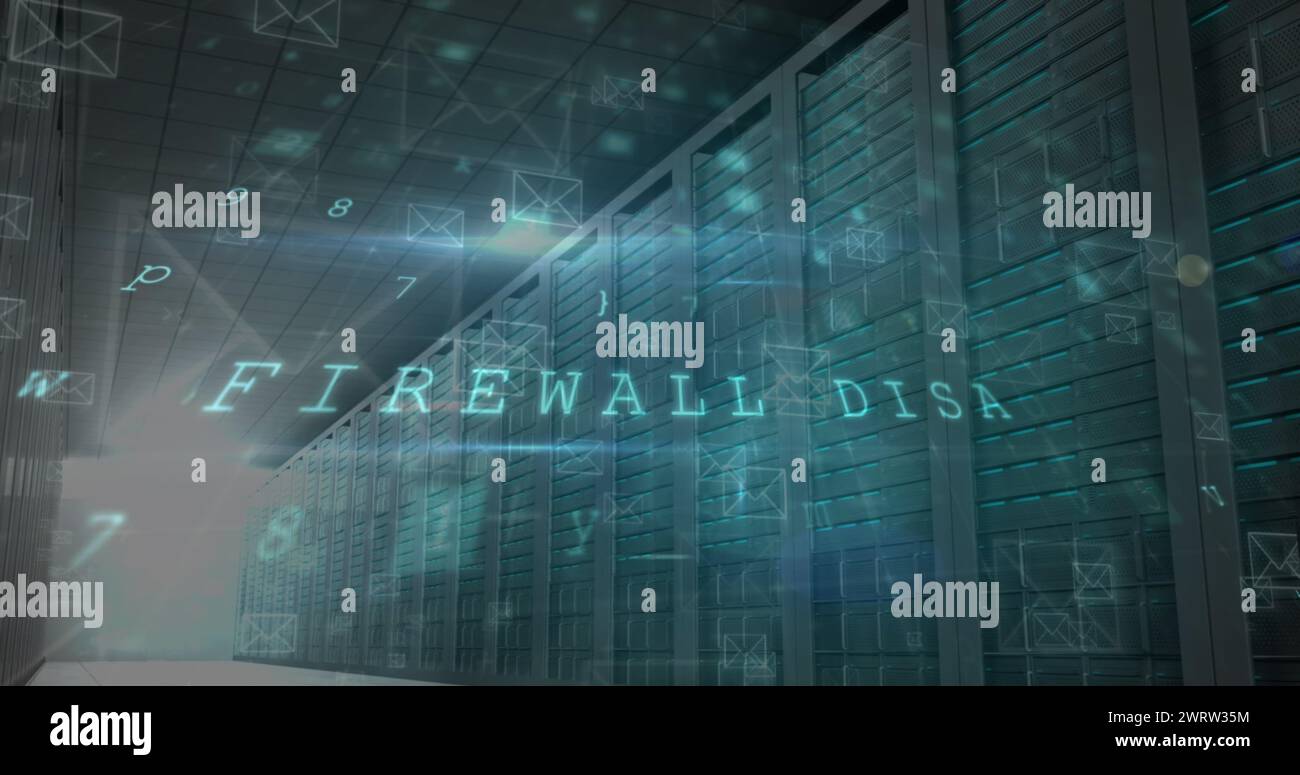 Image of cyber attack warning and envelope icons over server room Stock ...