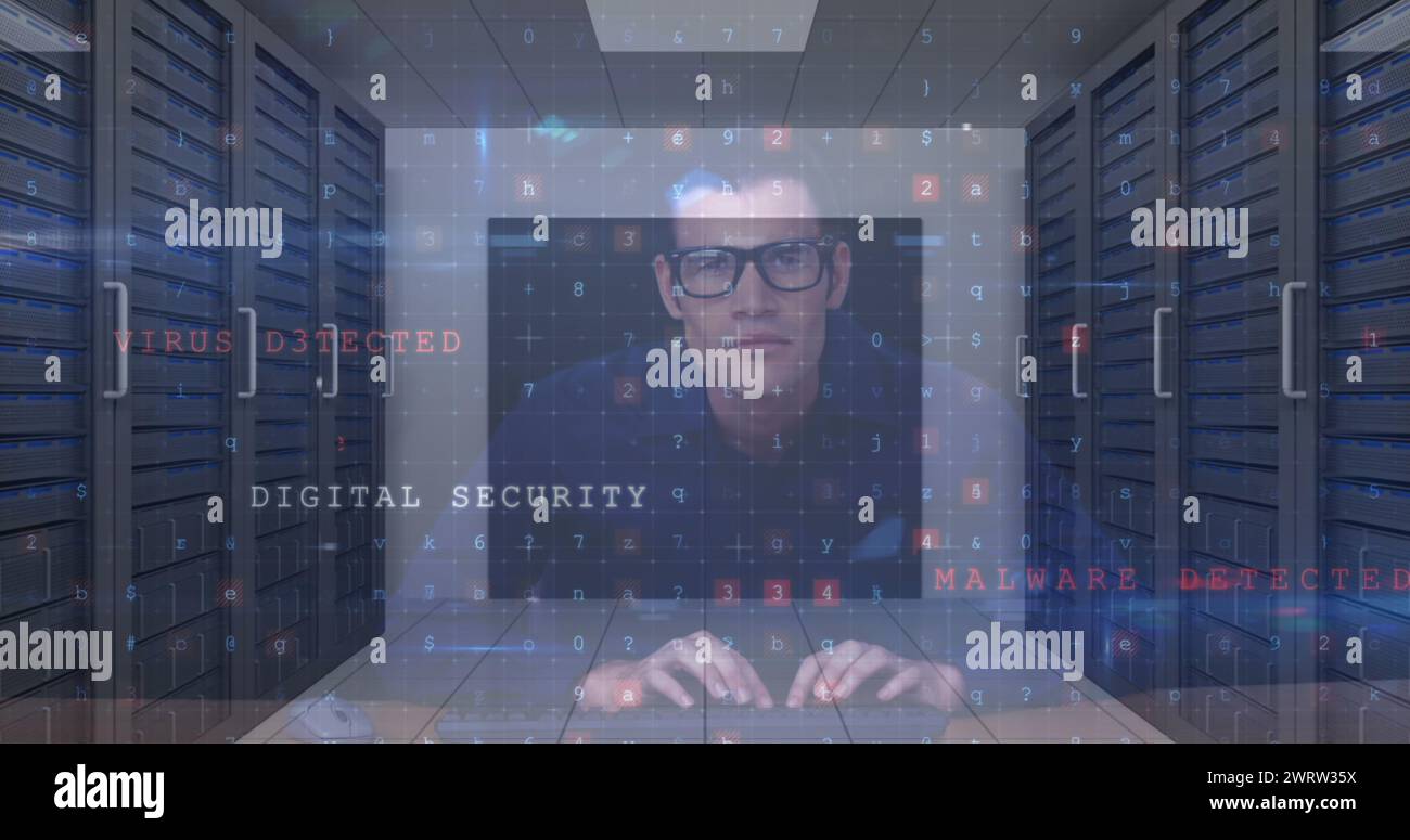 Image of cyber attack warning text and numbers processing over male hacker and computer servers ...