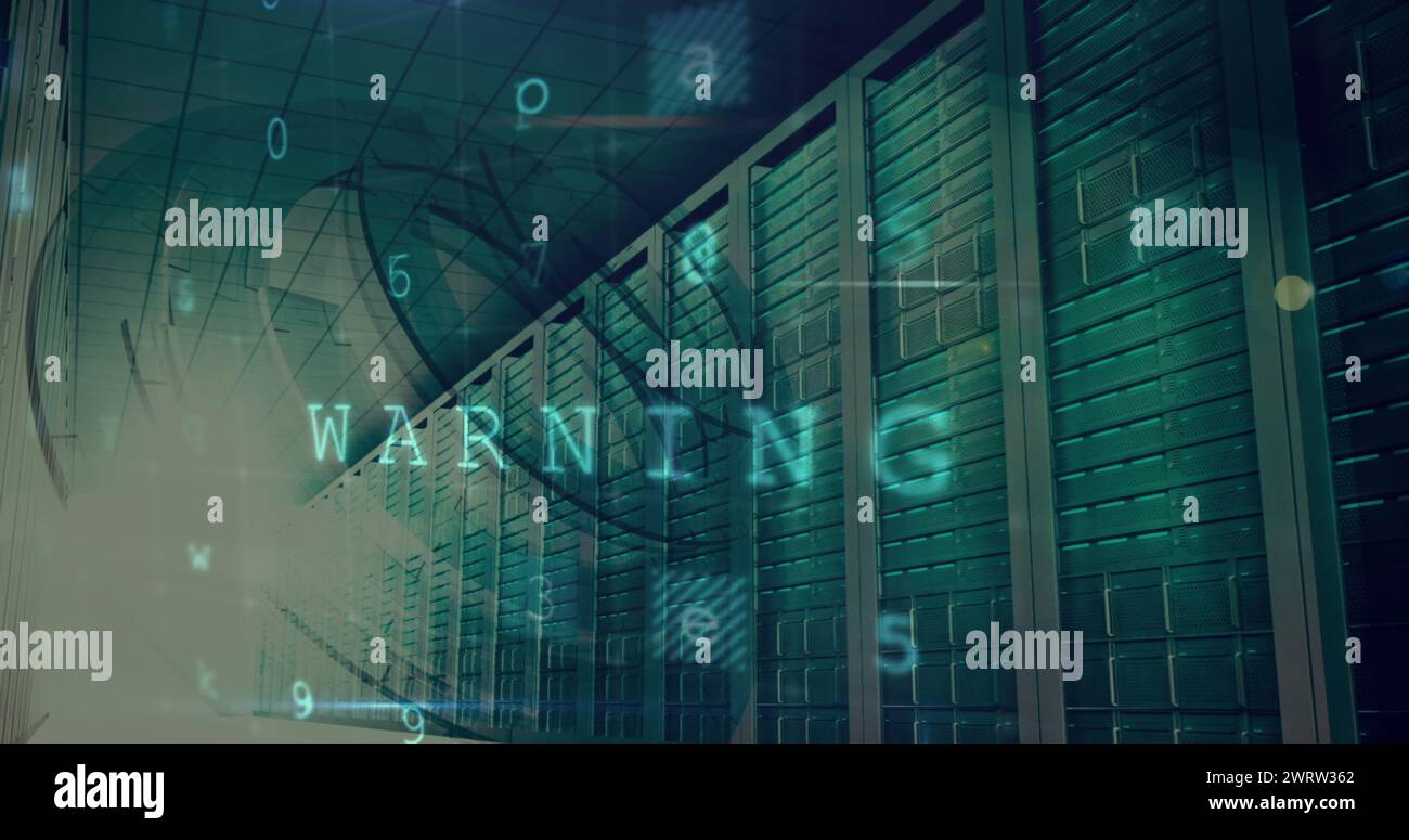 Image of cyber attack warning over server room. global internet security and data processing ...