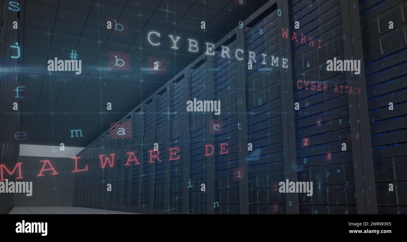 Image of cyber attack warning with letters and numbers over server room Stock Photo - Alamy