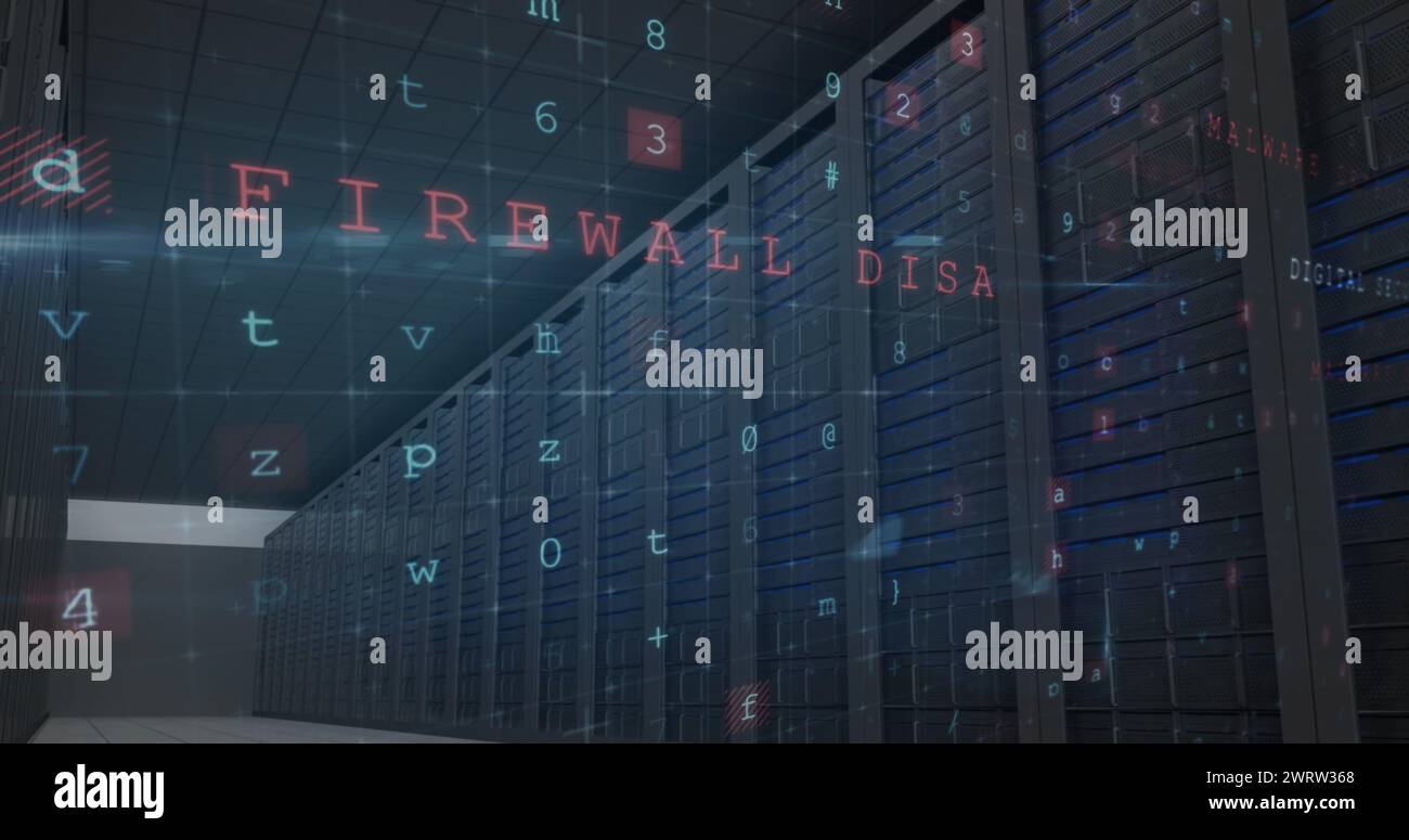 Image of cyber attack warning with letters and numbers over server room ...