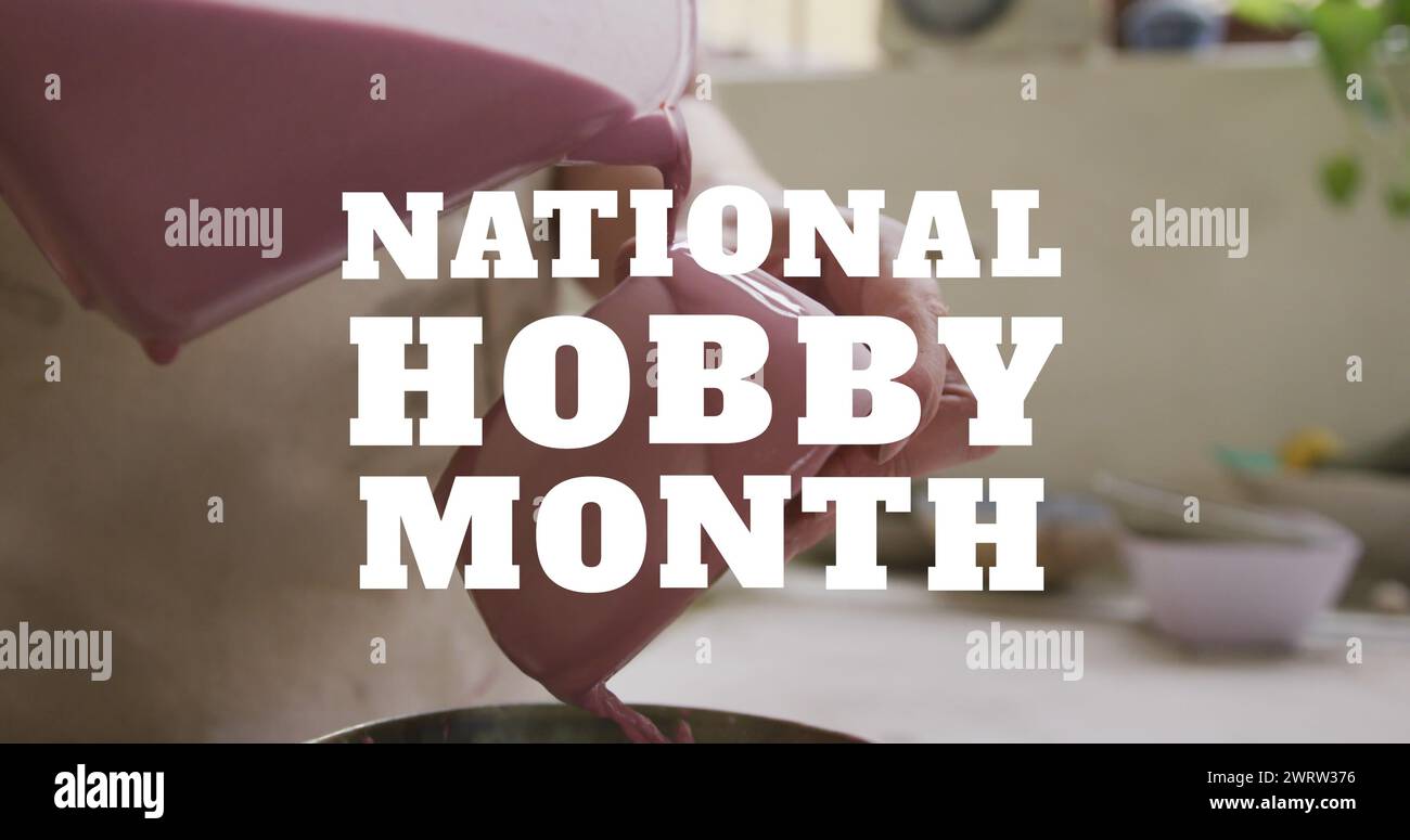 Image of national hobby month text over hands of caucasian man forming ...
