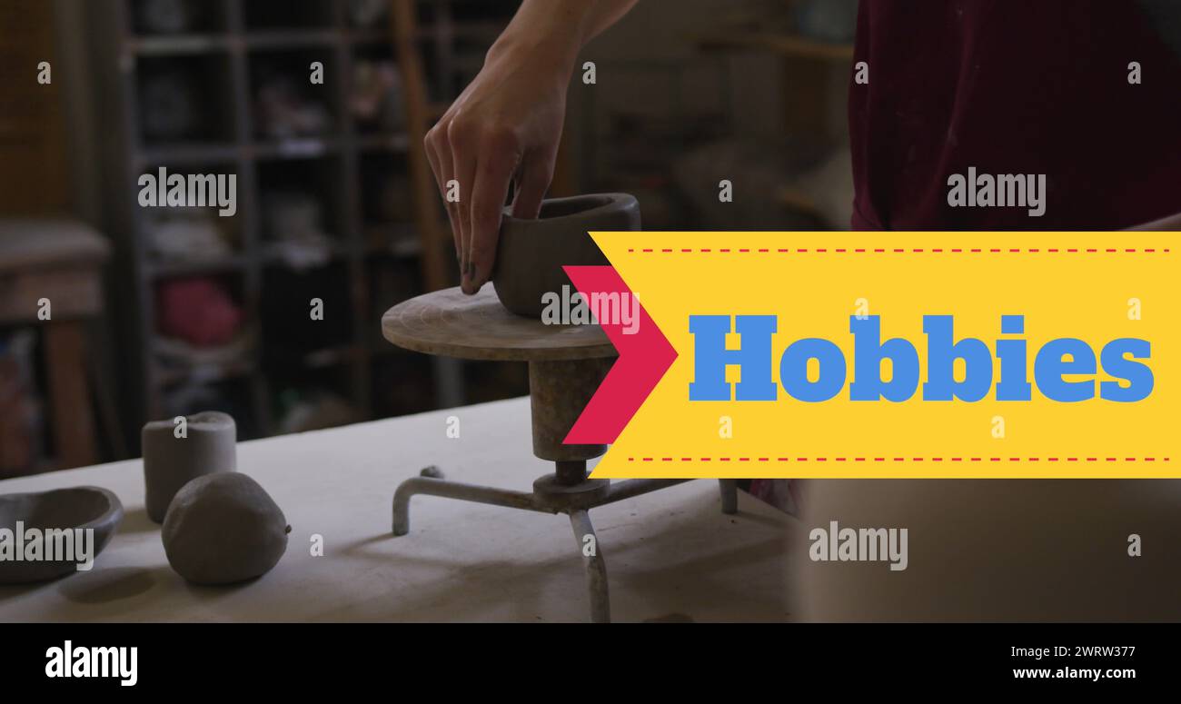 Composite image of hobbies text banner against mid section of female ...