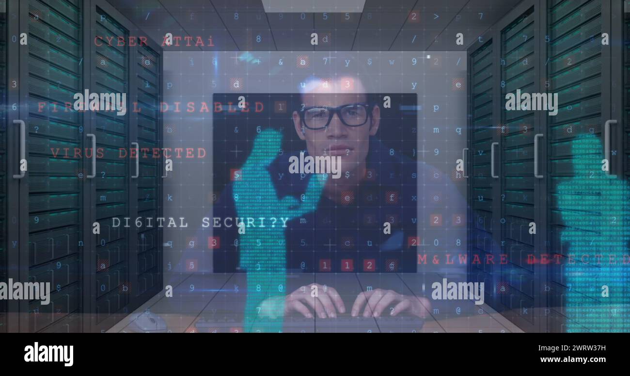 Image of cyber attack warning and data processing over male hacker and computer servers. global ...