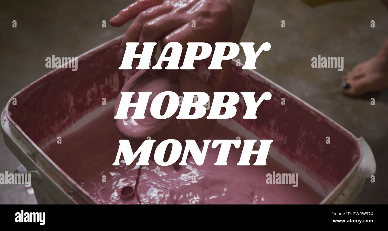 Image of happy hobby month text over hands of caucasian man forming ...