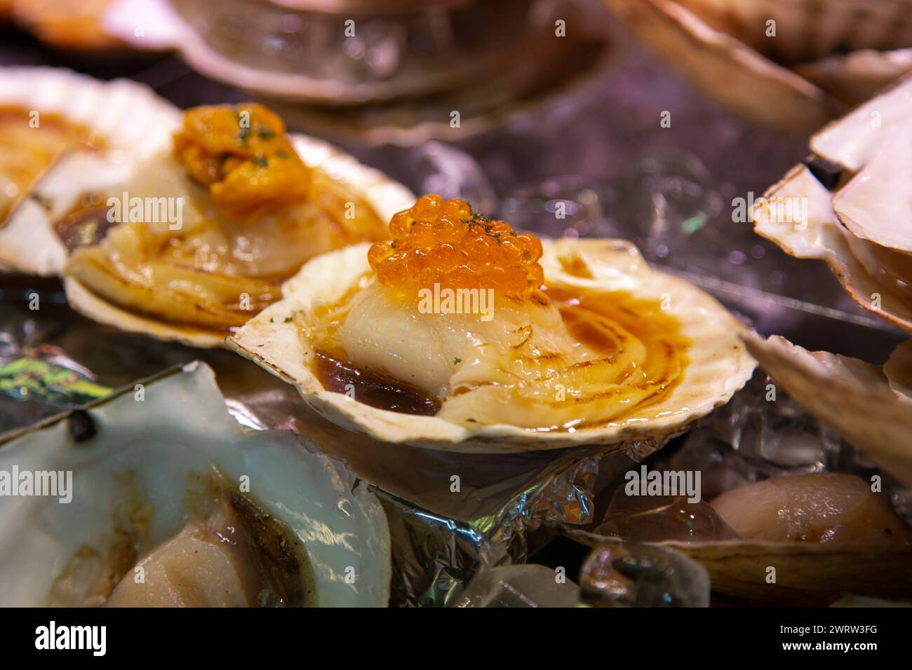 Fresh japanese scallops in a market stall in Nishiki fish market in ...