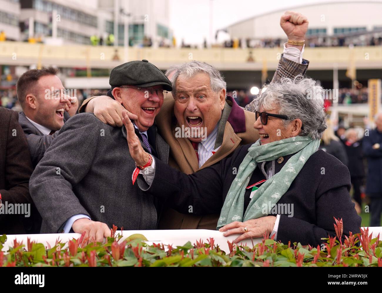Sir Alex Ferguson, owner of Monmiral, celebrates alongside Alan Halsall ...