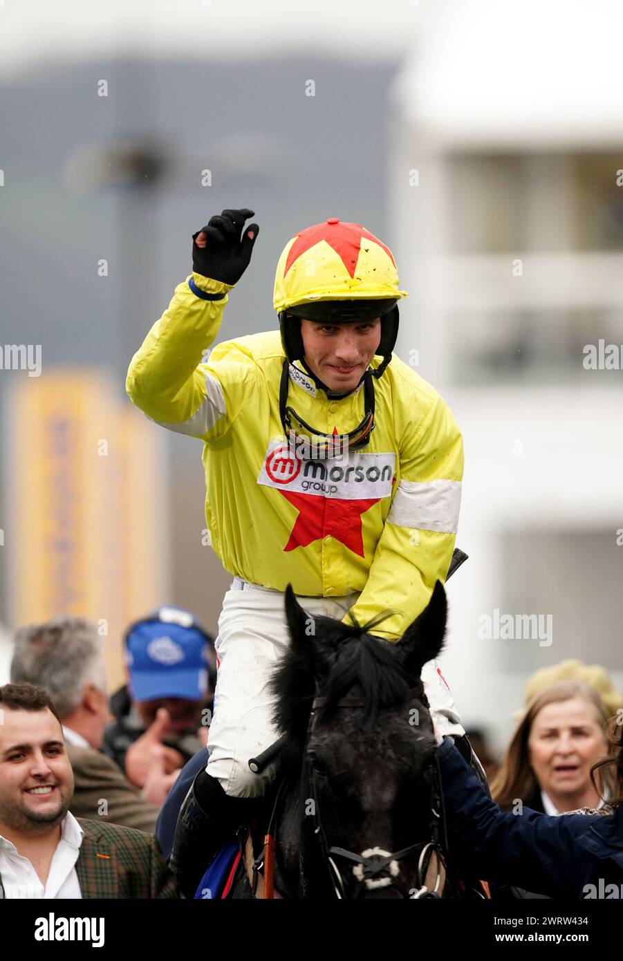Jockey Harry Cobden celebrates onboard Monmiral after winning the ...