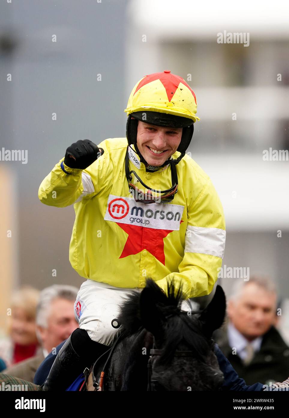 Jockey Harry Cobden celebrates onboard Monmiral after winning the ...
