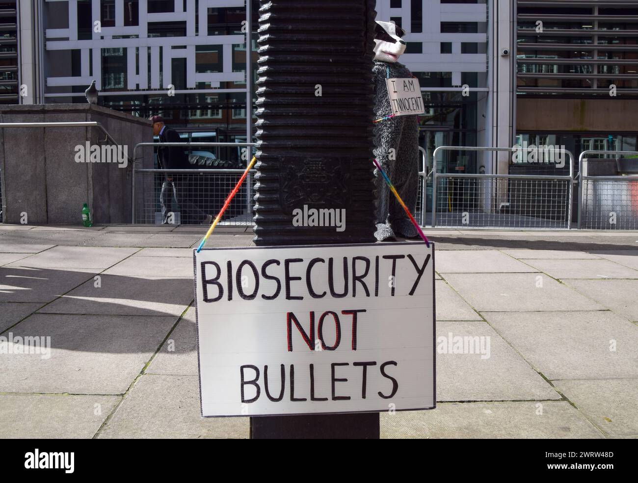 London, UK. 14th March 2024. Activist Betty Badger stages a protest ...