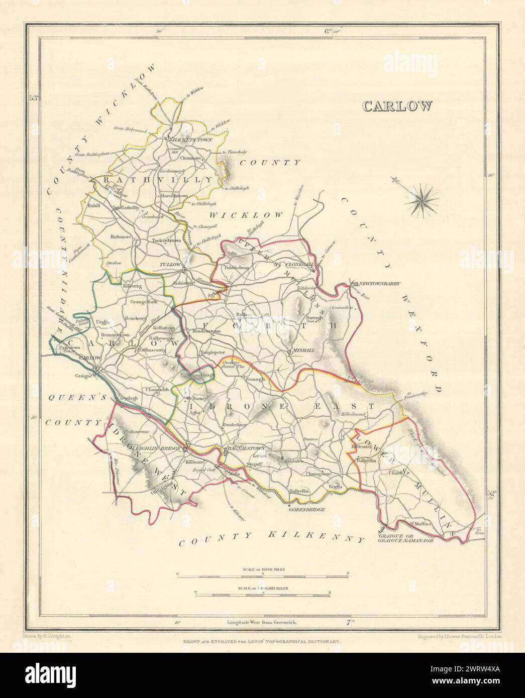 COUNTY CARLOW antique map for LEWIS by CREIGHTON & DOWER. Ireland 1850 ...