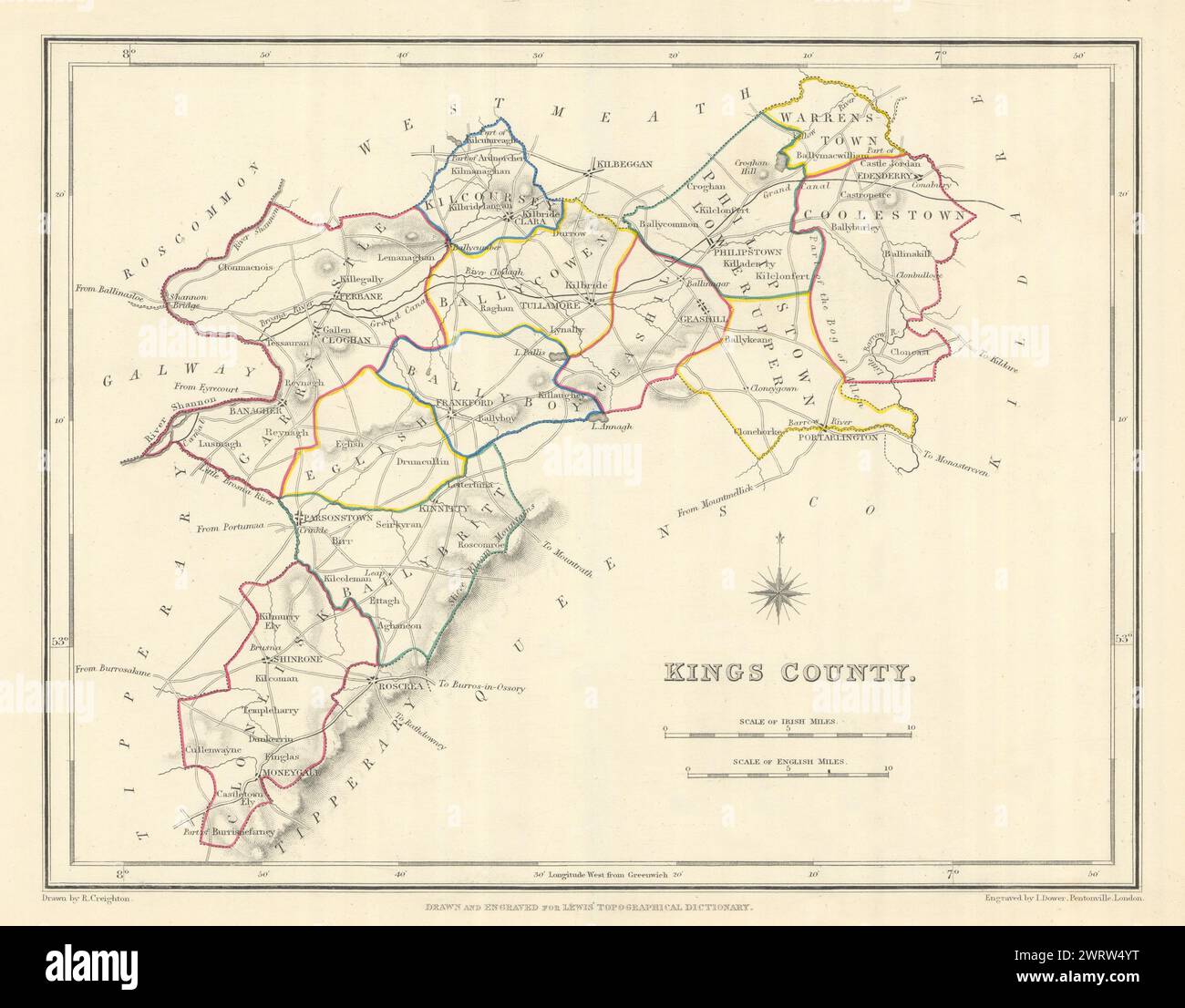 KINGS COUNTY (OFFALY) antique map for LEWIS. CREIGHTON & DOWER. Ireland ...