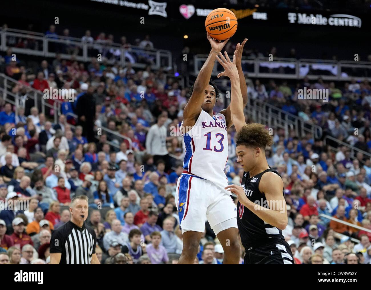 MAR 13 2024: Kansas Jayhawks guard Elmarko Jackson (13) shoots for ...