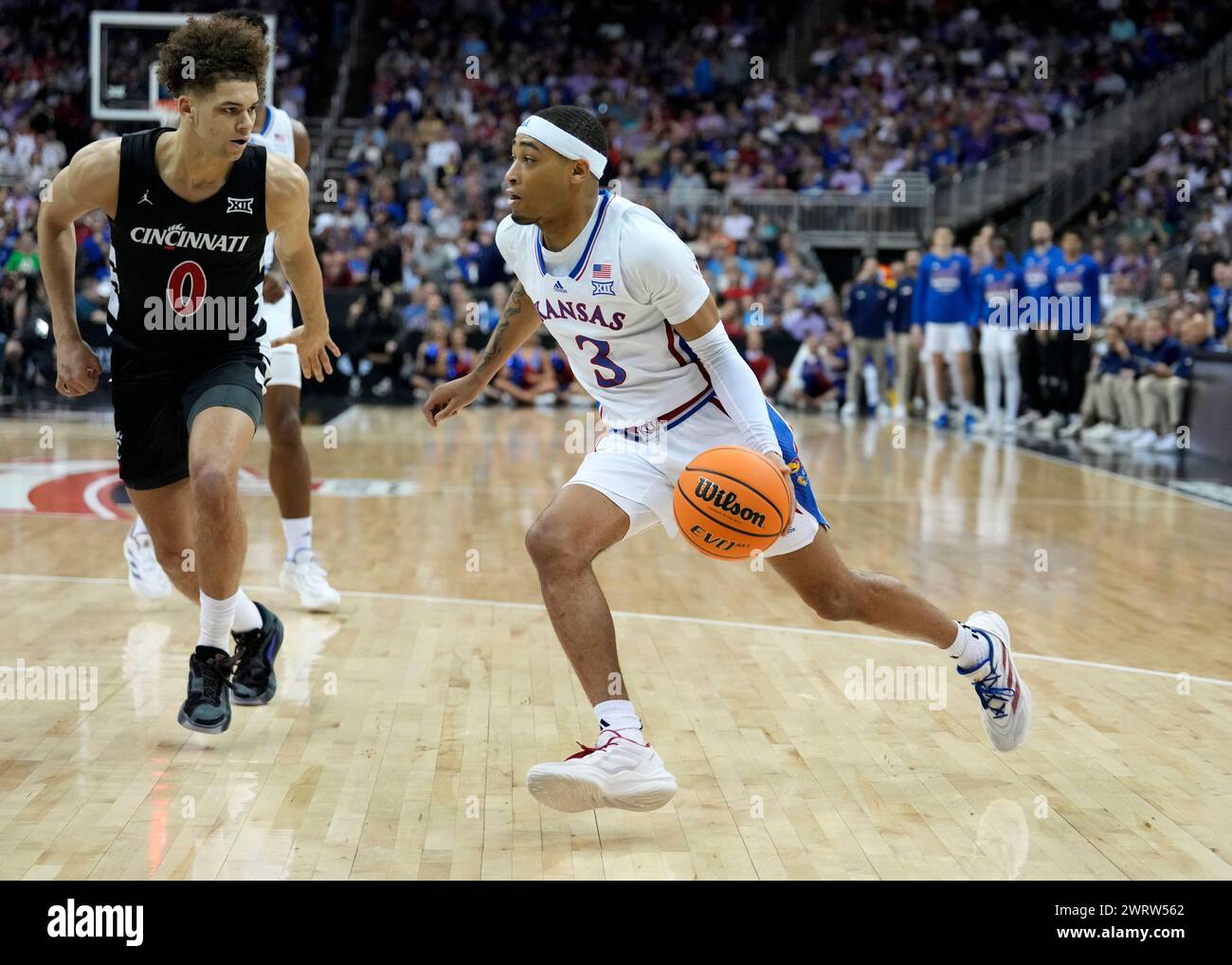 MAR 13 2024:Kansas Jayhawks guard Dajuan Harris Jr. (3) drives to the ...