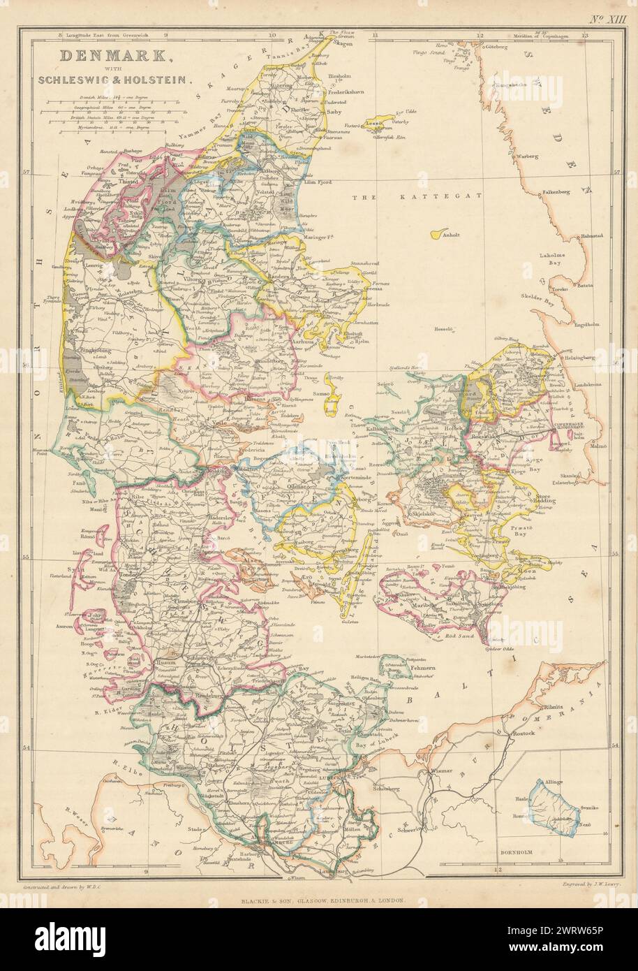 Denmark, with Schleswig & Holstein by Joseph Wilson Lowry 1860 old ...