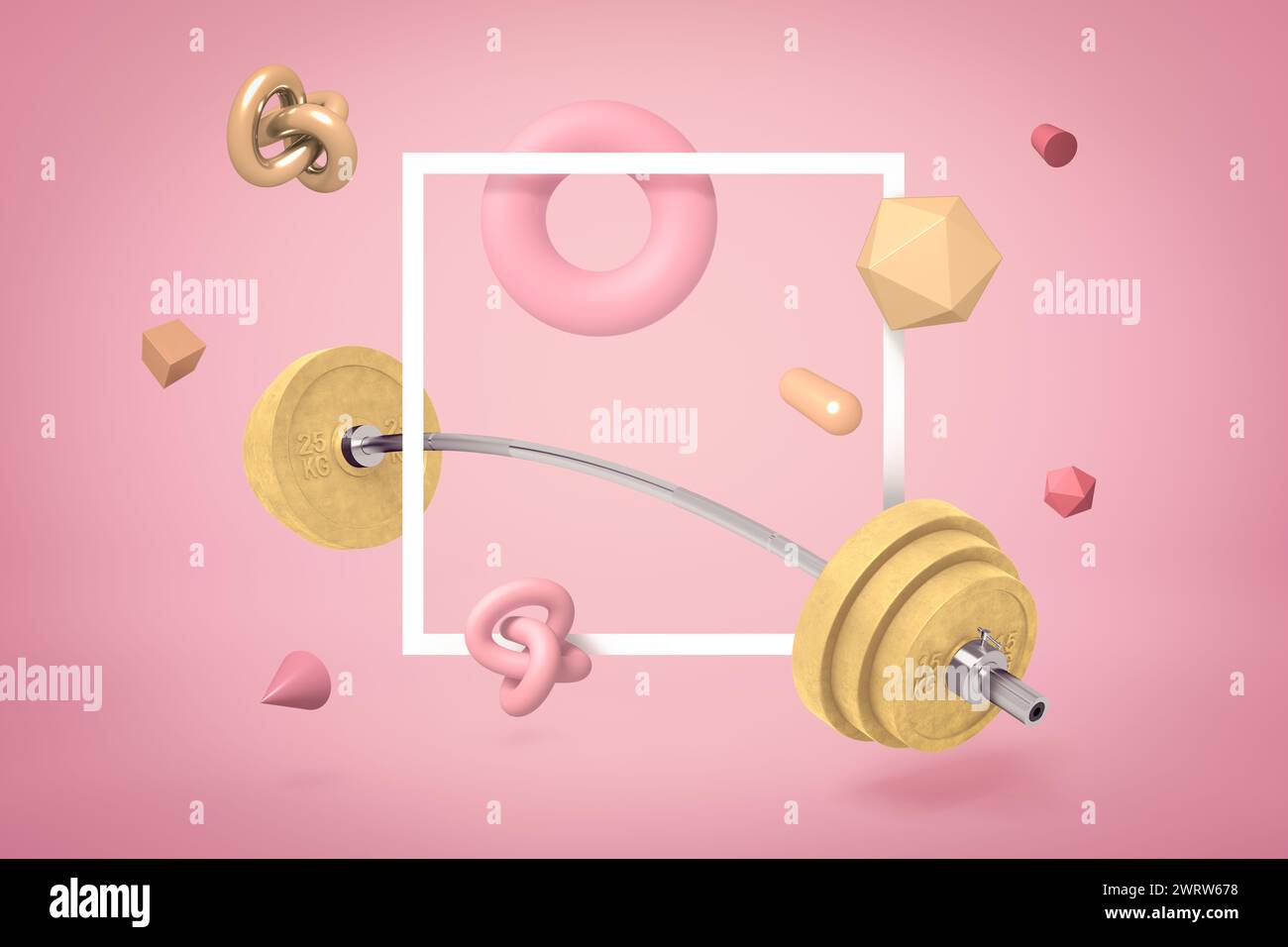 3d rendering of metal training bar-bell with random objects on pink ...