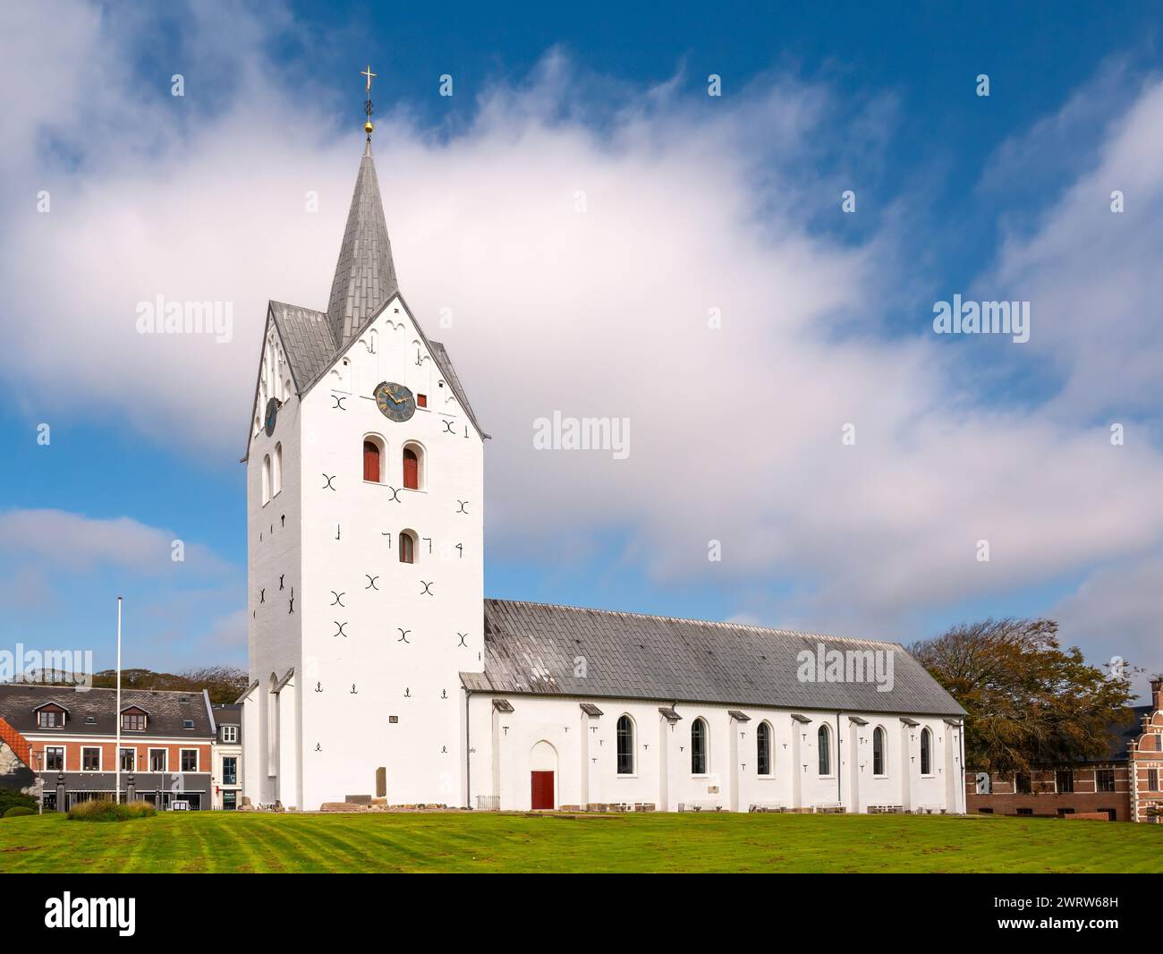 White Gothic brick church in market town of Thisted in Nordjylland ...