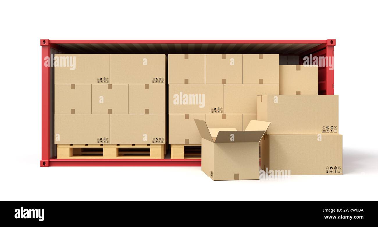 3d rendering of red open side shipping container full of cardboard ...