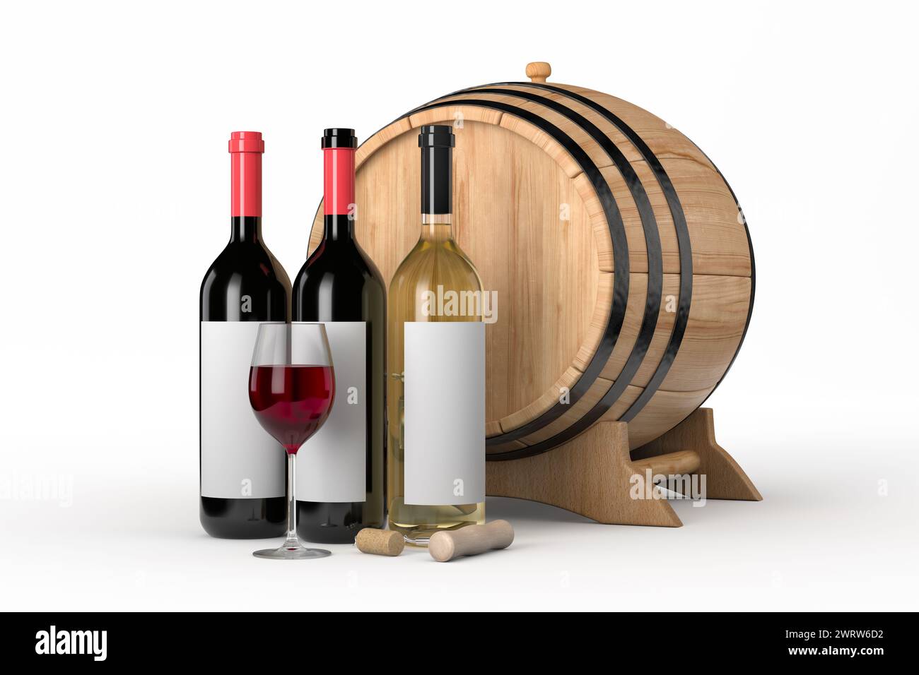Wine collection with barrel on white backdrop Stock Photo - Alamy