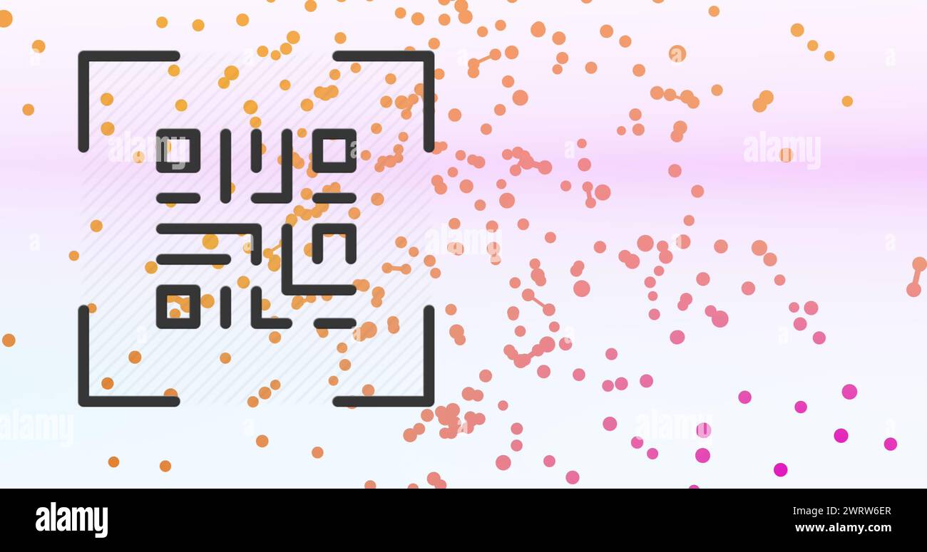 Image of qr code over dots and connections on pink and blue background ...