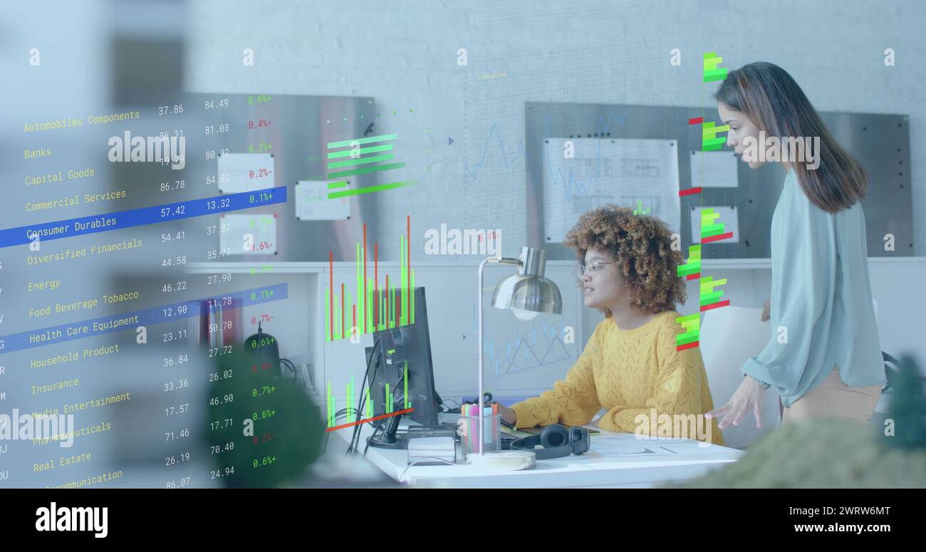 Data processing on interface over diverse female colleagues discussing ...