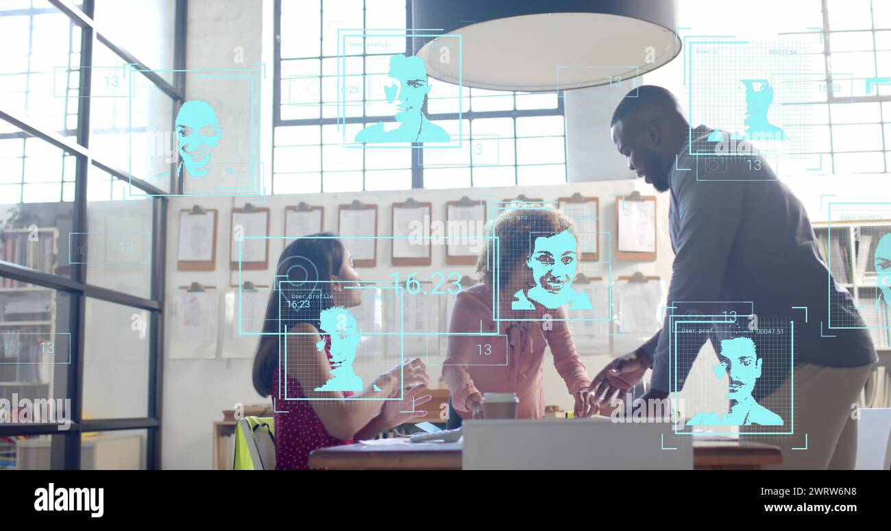 Digital portraits and data over diverse architects discussing ...