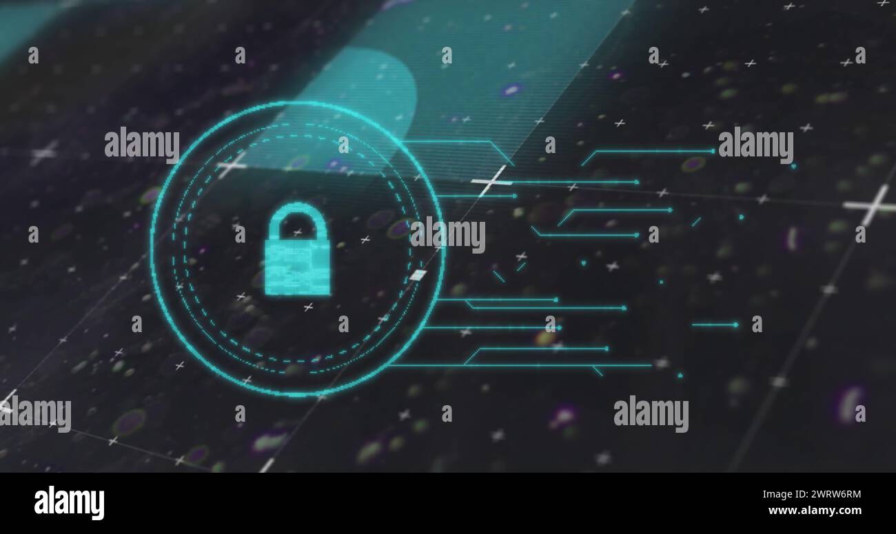 Light trails over security padlock icon against white particles on ...