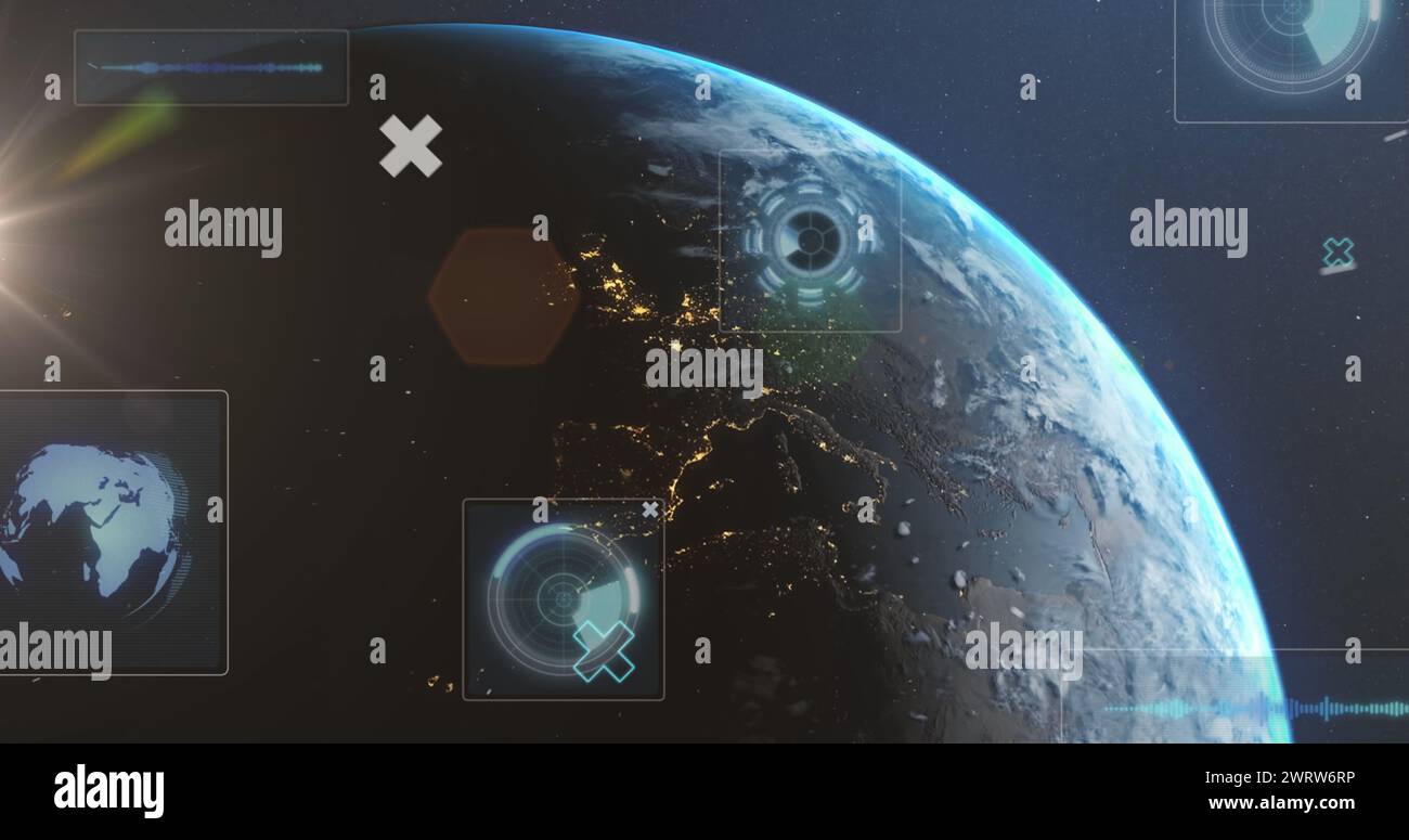 Image of scopes and data processing on screens over globe on blue ...