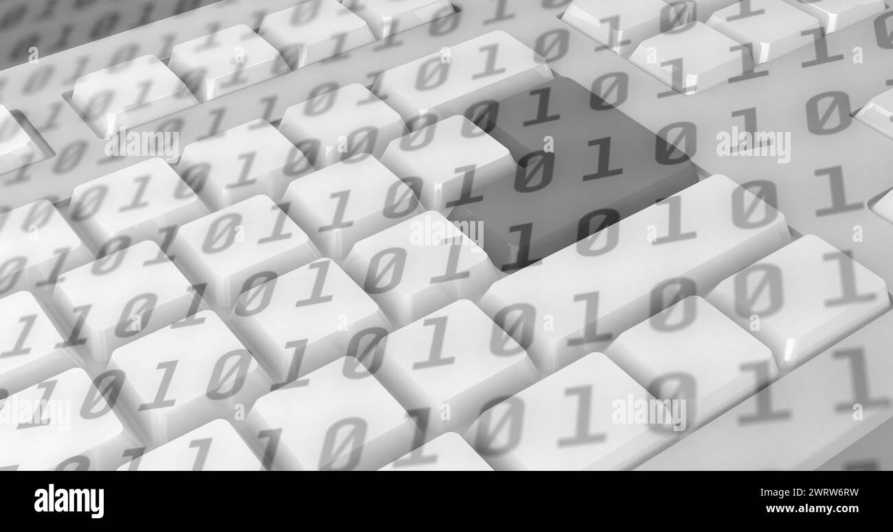 Image Of Binary Coding Over Computer Keyboard On Grey Background Stock