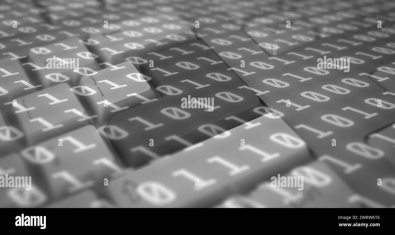 Image Of Binary Coding Over Computer Keyboard On Grey Background Stock