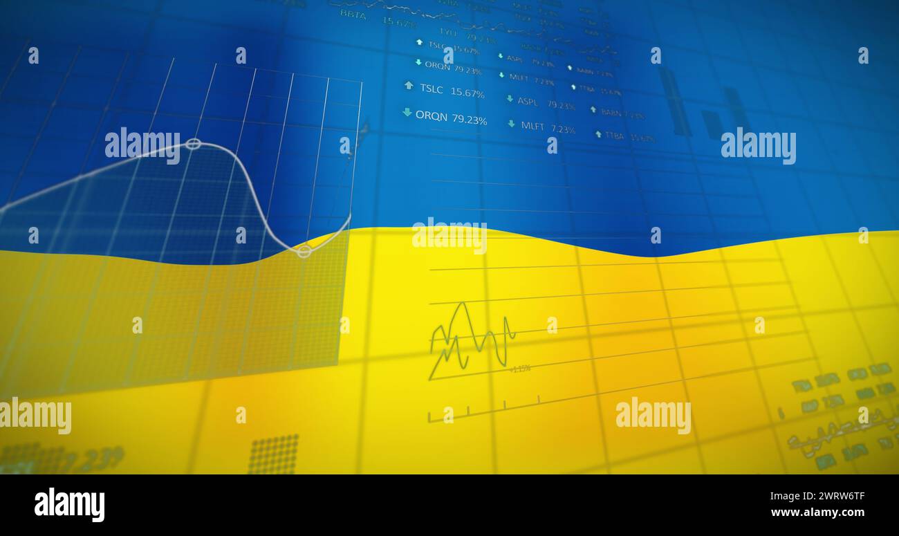 Image of financial data and graph over flag of ukraine Stock Photo - Alamy