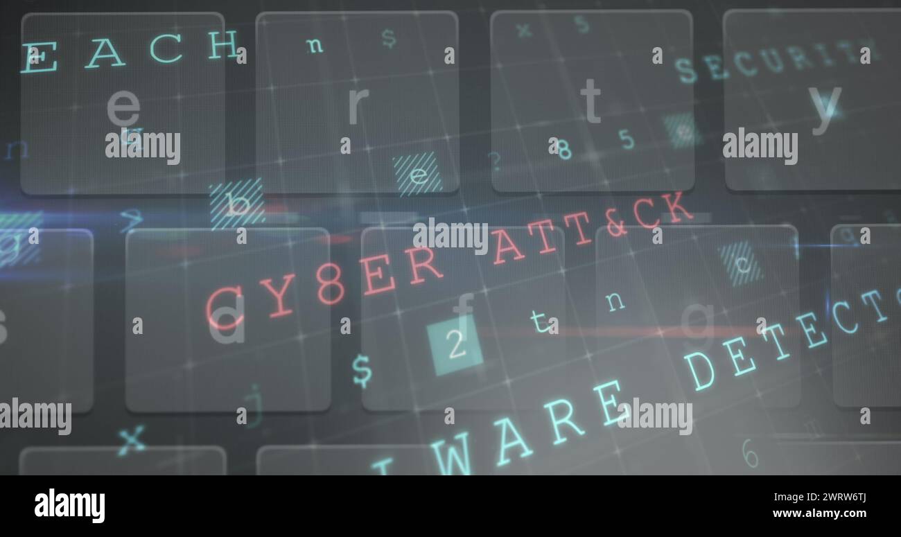Image of cyber attack warning over computer keyboard on grey background ...